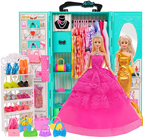 Ebuddy Fashion Lot 105 Items 11.5 Inch Girl Doll Dream Closet Wardrobe with Clothes and Accessories Including Wardrobe Shoes Rack Dress Shoes Hangers Necklace and Other Accessories(No Doll)