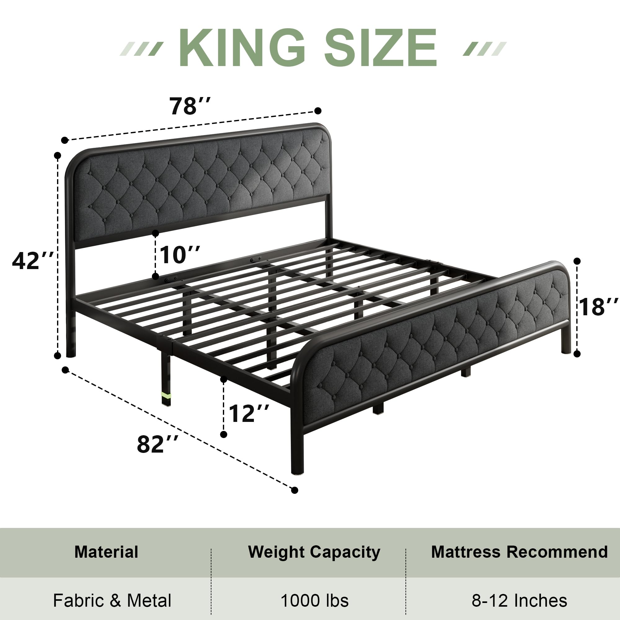 Feonase Full Size Bed Frame, Upholstered Metal Bed Frame with Liene Tufted Headboard, Heavy Duty Metal Slats, 12" Storage Space, No Box Spring Needed, Easy Assembly, Linen Gray