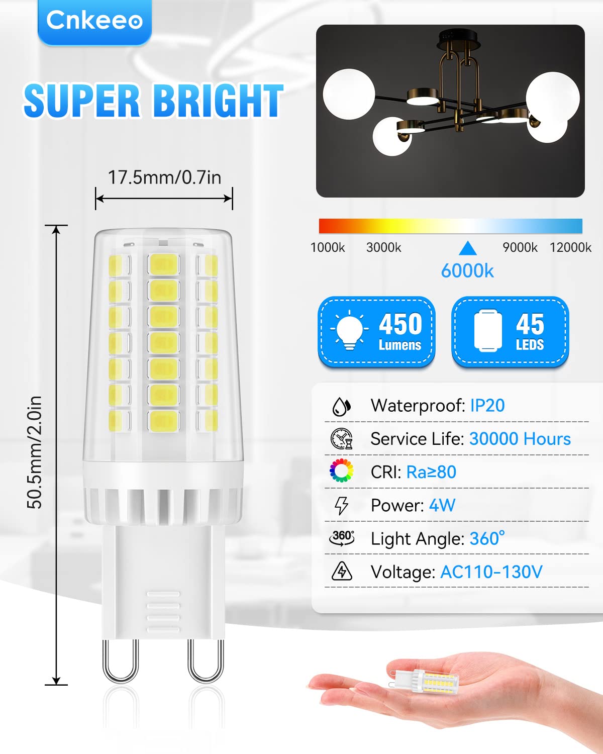 Cnkeeo G9 LED Bulb, 4W Daylight White 6000K, 450LM, 40W Halogen Equivalent, No Flicker, Non-Dimmable, 360°Beam Angle, Bi-pin Ceramic Base G9 Light Bulbs for Chandeliers Home Lighting, Pack of 6