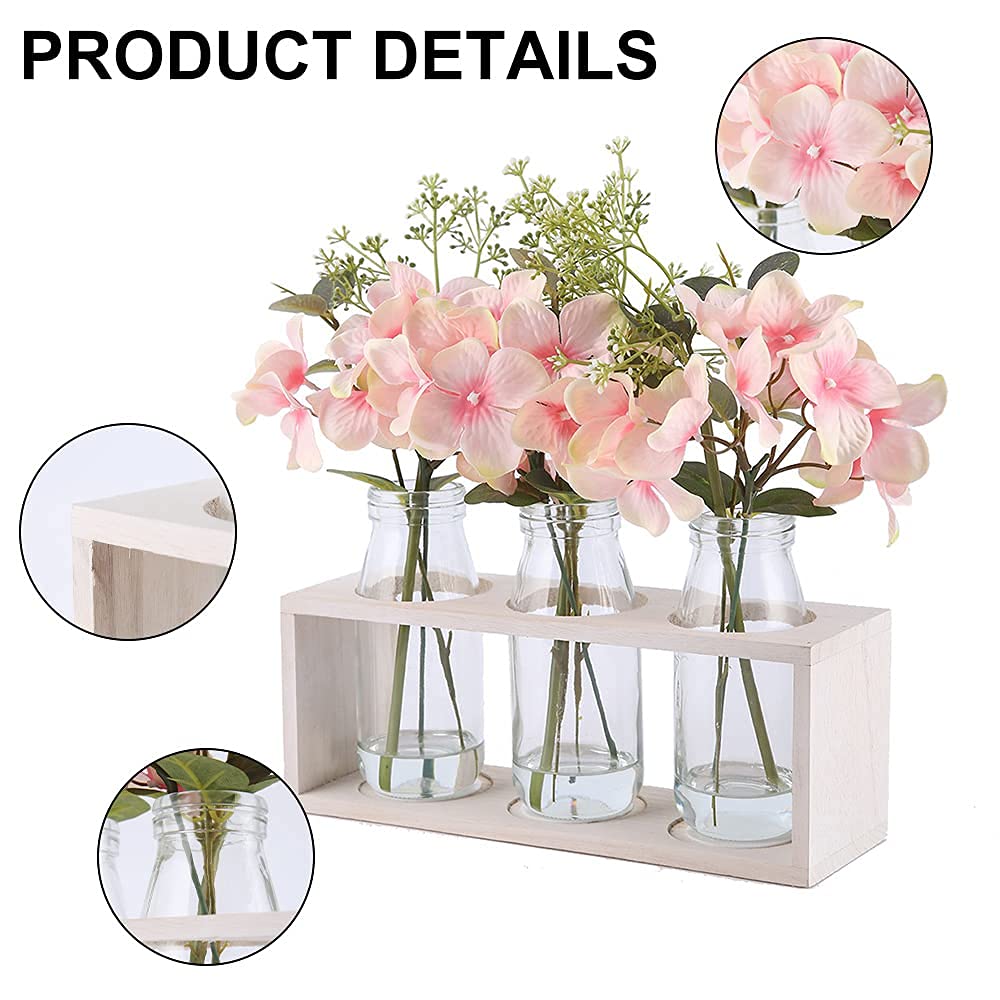 hehimhis Desktop Glass Planter Vase with Wooden Stand for Hydroponics Plants Decor for Home Office Garden Wedding, Pink