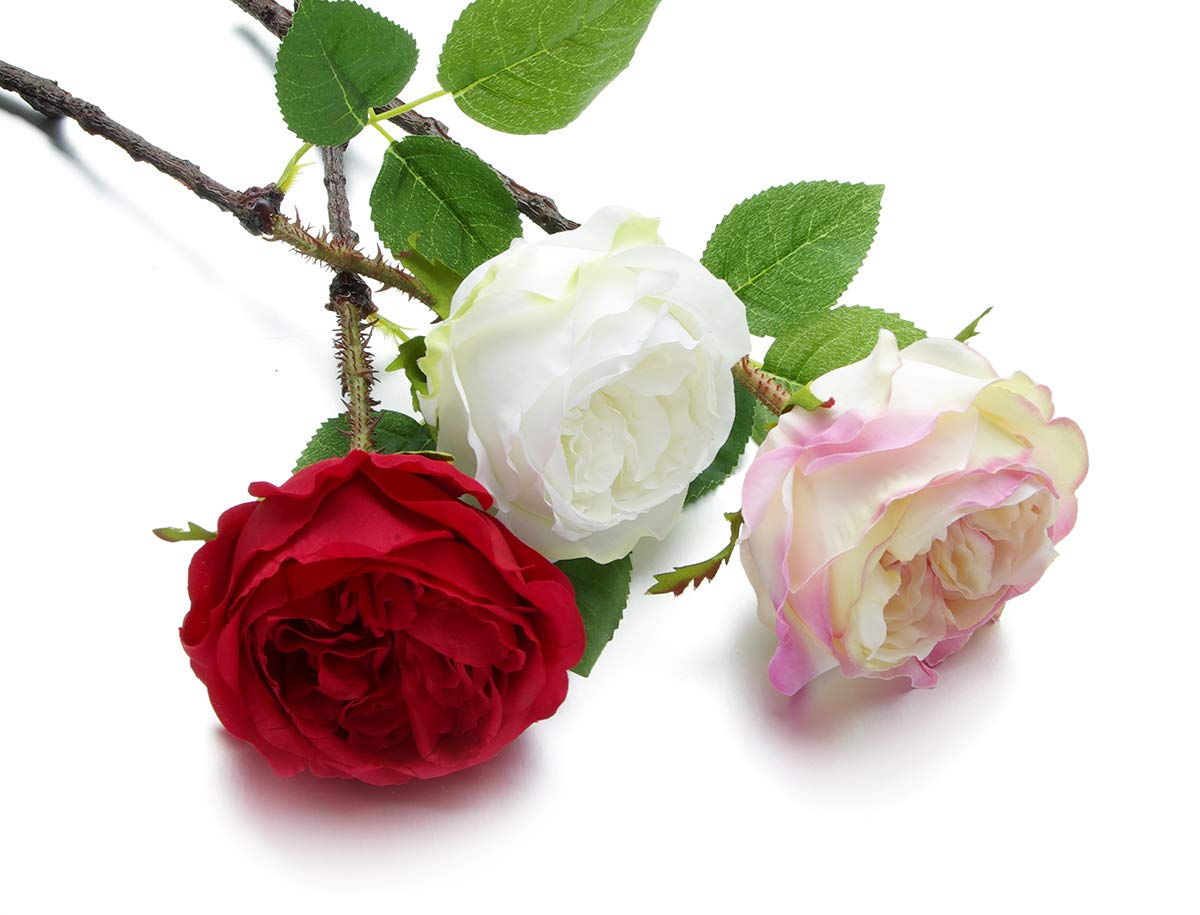 Final Sale-Extra-Realistic & Large Artificial Silk Garden Rose Flowers | Faux Peony Stems | Set of 4 | Red