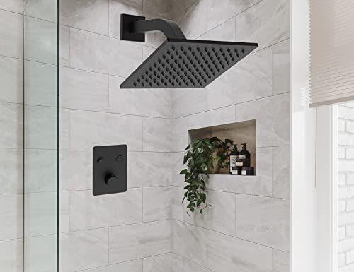 Aquaiaw Fixed Rain Fall Shower Head, Seamless Laser Soldered Solid 304 Stainless Steel, 1-Piece Construction, Wall Ceiling High Pressure Head Shower, 2.5GPM, Brass Joint (8 inch Square, Matte Black)