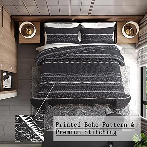 Homuno Black Quilt Set Queen Size 3-Piece Set (90 x 96 Inches), Bohemian Style All-Season Lightweight Reversible Microfiber Bedspread Set (1 Piece Quilt Set, 2 Pieces Pillowcase)