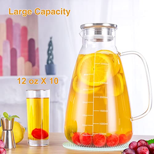 Hannadepot Glass Pitcher, Glass Water Pitcher with Lid, 118oz/0.92 Gallon Heat Resistant Borosilicate Glass Carafe with Pot Holder and Spoon Temperature Safe (118oz/3.5L)