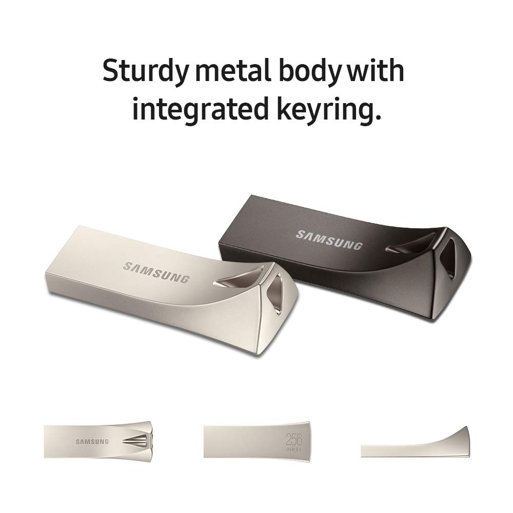 SAMSUNG BAR Plus 3.1 USB Flash Drive, 128GB, 400MB/s, Rugged Metal Casing, Storage Expansion for Photos, Videos, Music, Files, MUF-128BE3/AM, Champagne Silver