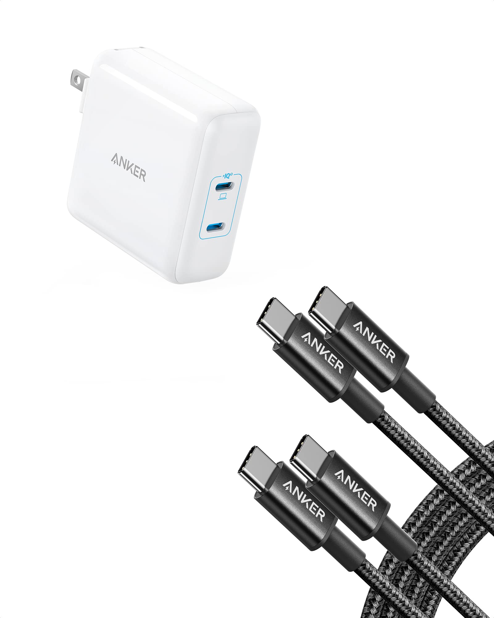 Anker 100W USB C, 2-Port Powerful Fast Compact Charger, USB C Cable, New Nylon USB C to USB C Cable (6ft, 2Pack), 60W(3A) USB C Charger Cable