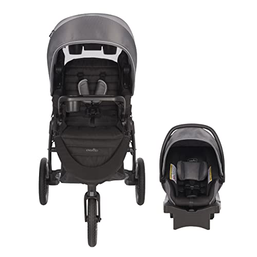 Evenflo Folio3 Stroll & Jog Travel System w/LiteMax 35 Infant Car Seat, Crossover Versatility, Ultra-Compact, Self-Standing Folding Design, 12β Air-Filled Tires, Front Wheel Swivel Lock, Avenue Gray