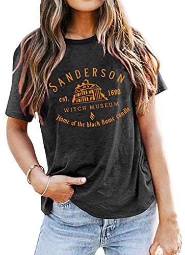 Halloween T Shirt Women Sanderson Letter Print Graphic T-Shirt Hocus Pocus Tees Tops(Grey,Medium)