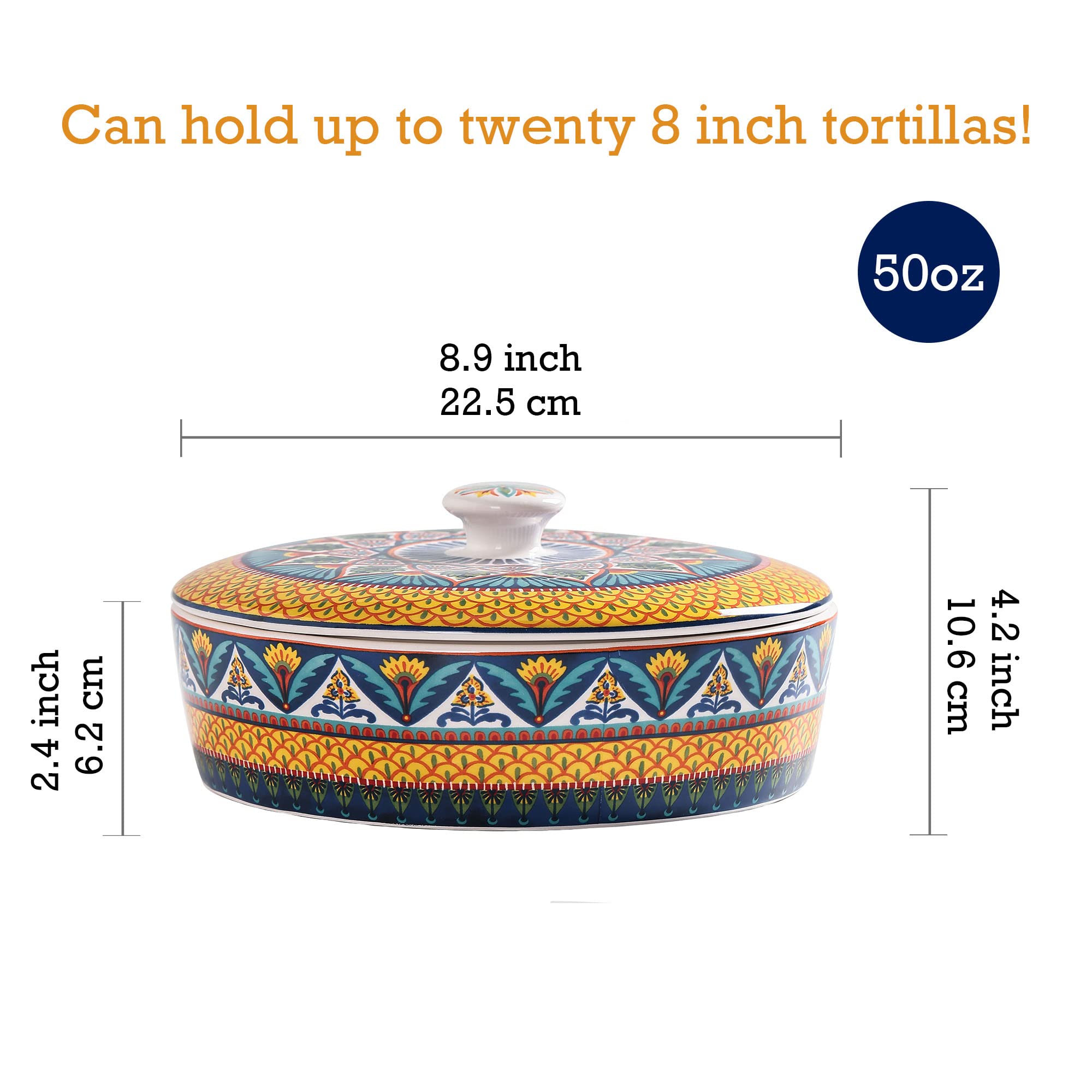 Bico Havana Ceramic 8.8 inch Tortilla Warmer, Tortilla Server with Lid, Taco Holder for Mexican Fiesta Party, Taco Tuesday, Microwave and Dishwasher Safe