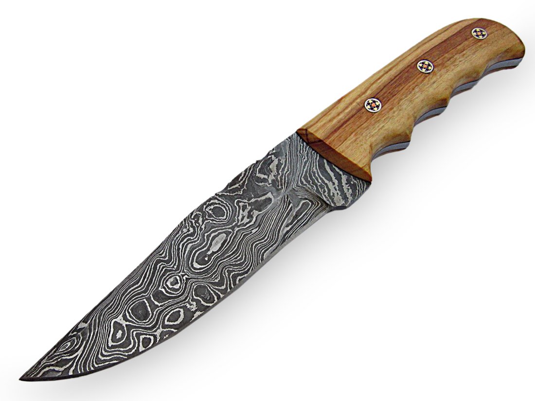 AishaTech Savage Fixed Blade Hunting Knife Damascus Steel Blade Wood Handle w/Mosaic Pin