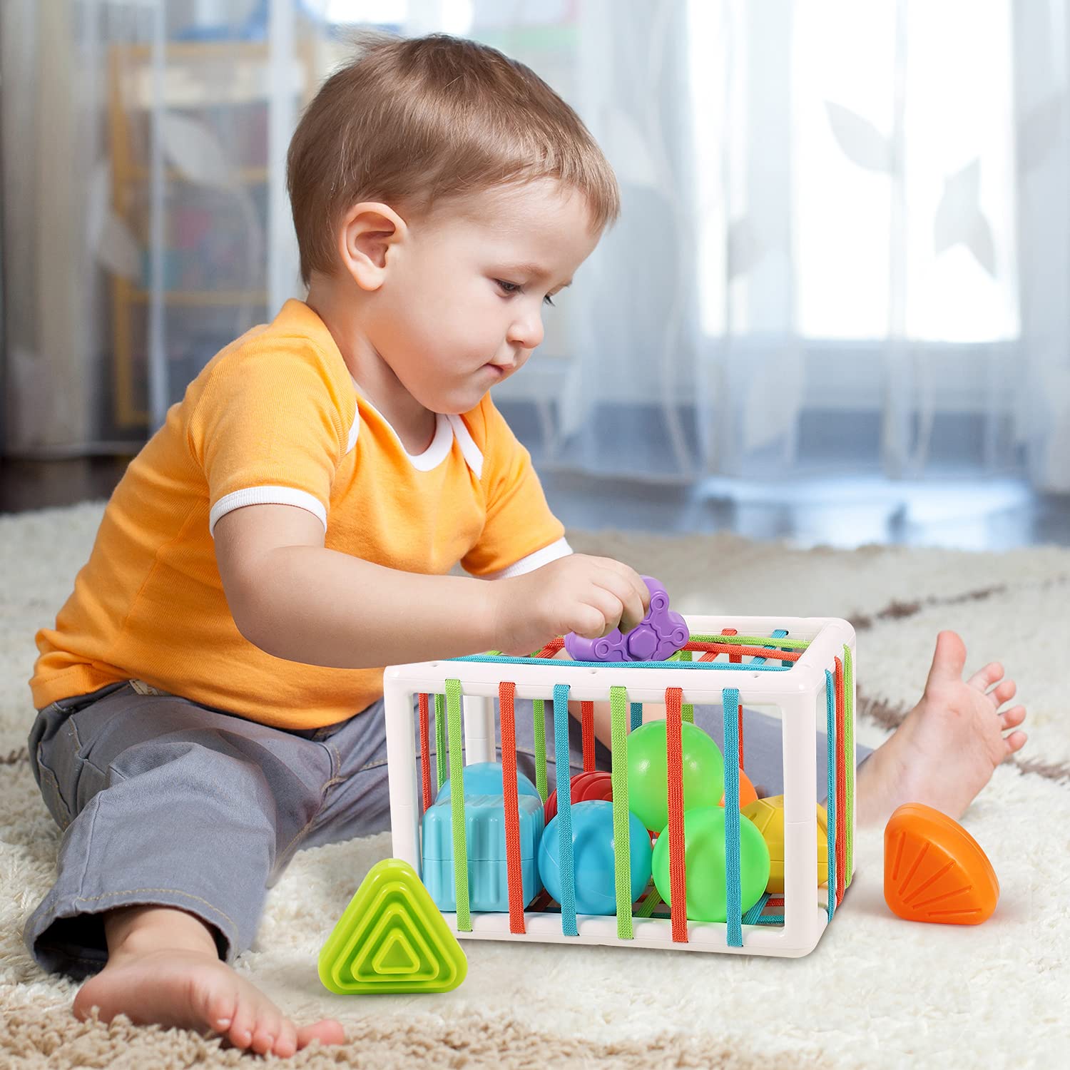 Tiyol Shape Sorter One Year Old Toys, Developmental Montessori Learning, Storage Cube Bin & 6 Sensory Shape Blocks, Fine Motor Skills, Birthday Gifts Toddler Boy Girl Age 1 2 3 (+6 Ocean Balls)