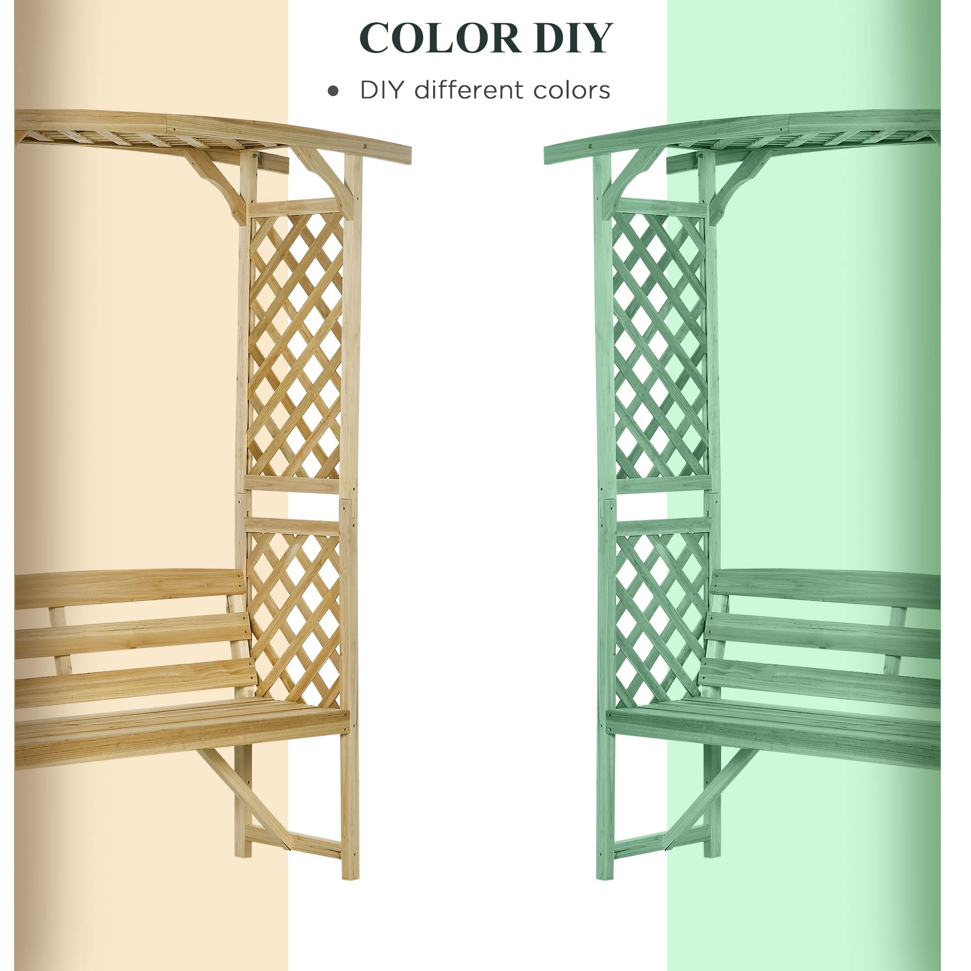 Outsunny Patio Garden Bench Arbor Arch with Pergola and 2 Trellises, 3 Seat Natural Wooden Outdoor Bench for Grape Vines & Climbing Plants, Backyard Decor, Natural