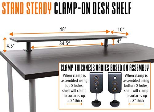 Stand Steady 48" Clamp-on Desk Shelf - Extra Large Surface Supports 3 Monitors - Sturdy 4 ft Monitor Stand Riser Easily Attaches with Clamp - No Screws Needed! (Large - 48 Inch)
