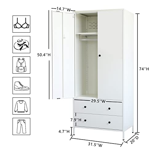 CJF Metal Storage Wardrobe with Hanging Rod, Armoire with 2 Doors and 2 Drawers,Steel Wardrobe Closet for Home, Office 74" H x 31.5" W x 20" D (White)