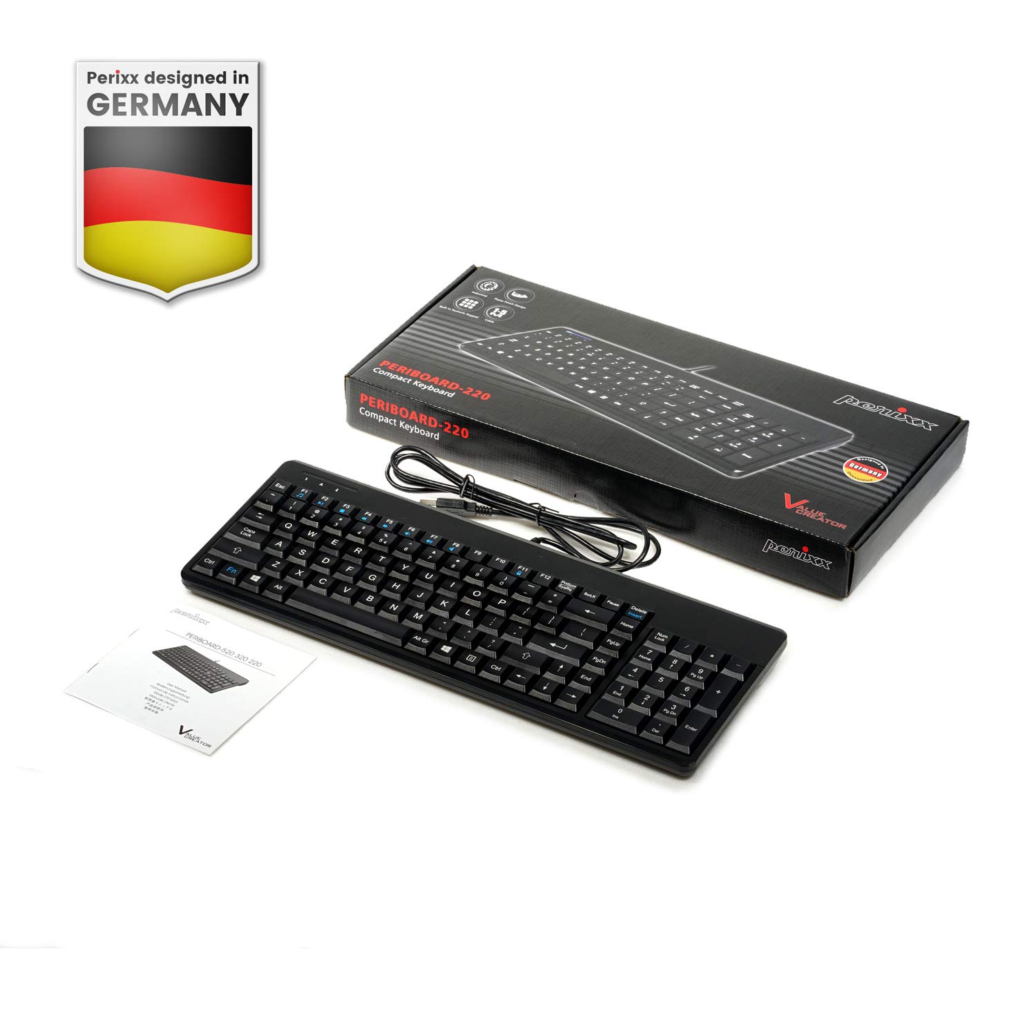 Perixx PERIBOARD-220H US, Wired Compact USB Keyboard with 2 Hubs - Build-in Numeric Keypad - Black - US English Layout, (11506)