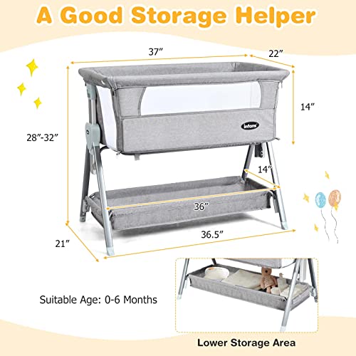 INFANS Baby Bassinet Bedside Crib, Newborn Sleeper w/Large Storage Basket, Adjustable Heights & Angle, Detachable &Washable Mattress, Breathable Mesh, Straps, Easy Moving Bed Side, Dark Grey