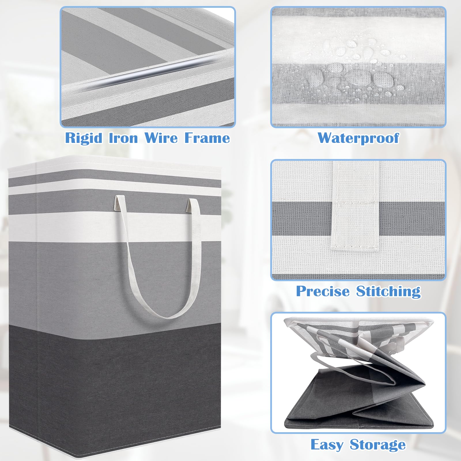 BlissTotes 3-Pack Laundry Basket, Freestanding&Waterproof Laundry Hamper, Collapsible Tall Clothes Hamper with Easy Carry Handles for Clothes, Towels in the Family and Dorm,Gradient Grey,75L