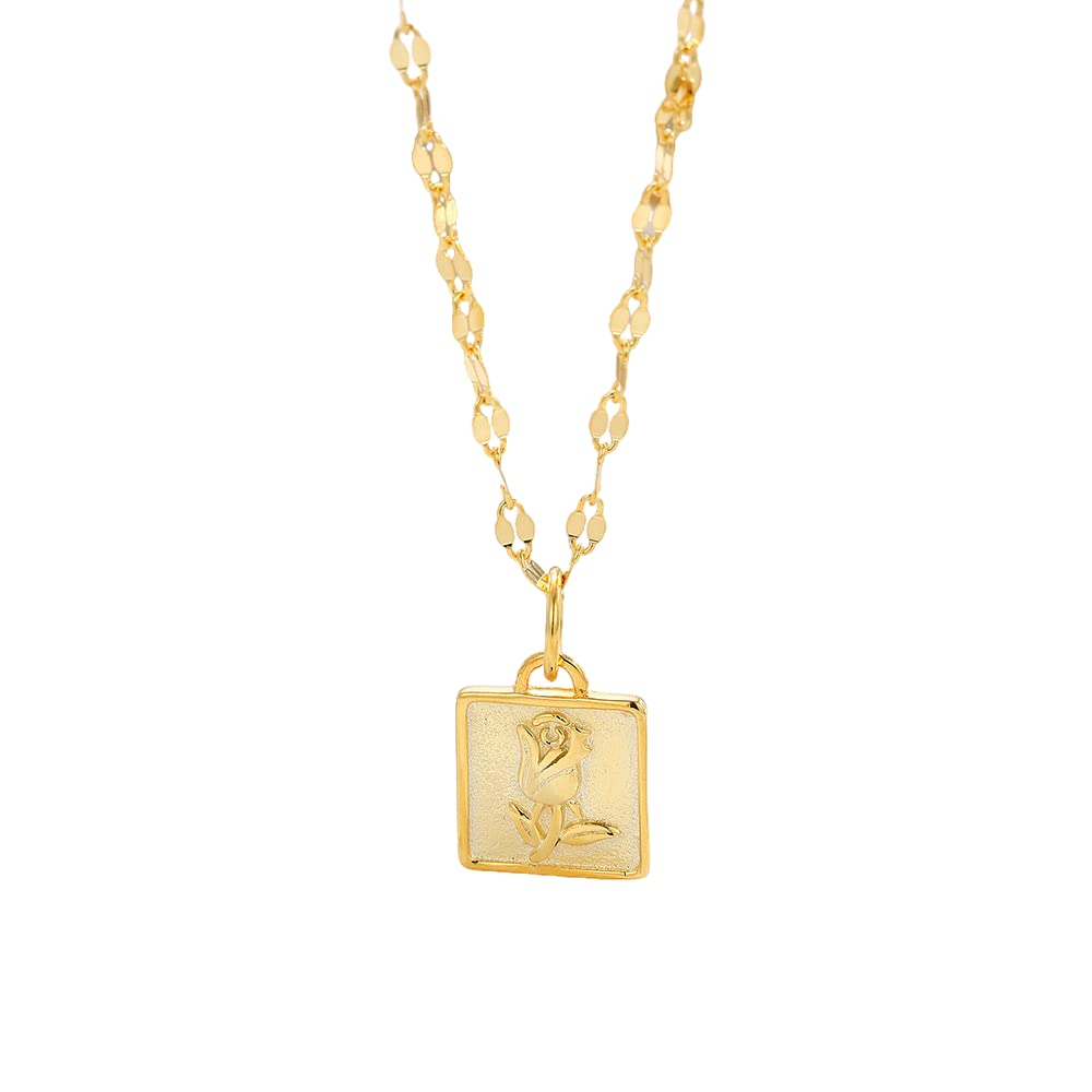 925 Sterling Silver Dainty Dog Tag Pendant Necklace Rose Flower Embossed Flora Jewelry for Women (Gold)