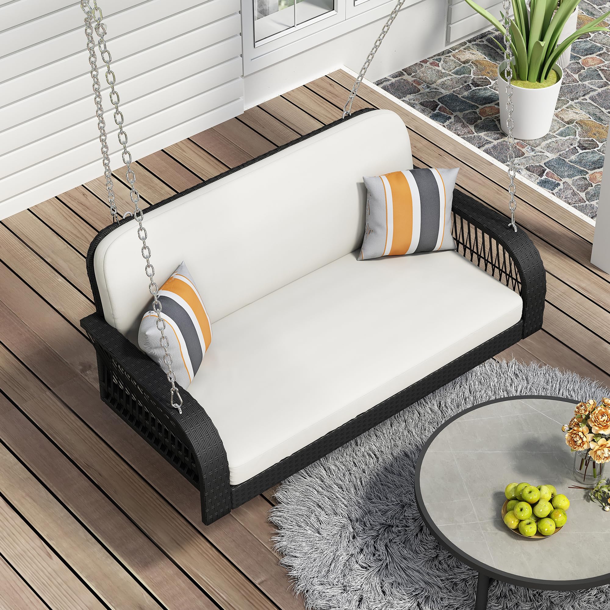 Merax Porch Swing Outdoor, 2 Person Wicker Hanging Bench with Cushion and Pillow, Patio Rattan Lounge for Backyard, Garden, Poolside, Beige