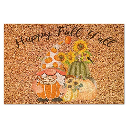 Happy Fall Y'all Coir Mat Autumn Harvest Gnome Pumpkin Sunflower Bird Doormats Durable Non Slip Waterproof Funny Front Door Mat for Garage Patio High Traffic Areas 16x24in Housewarming Gift