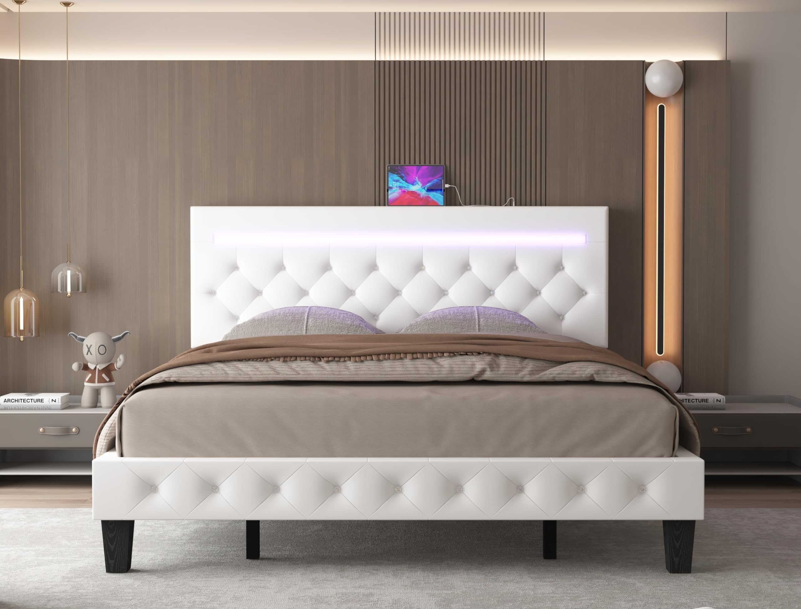 Benevika Full Size Bed Frame with LED Lights, Upholstered Platform Bed Frame, Adjustable Headboard with Charging Station, Wooden Slats Support, Easy Assembly, No Box Spring Needed, White