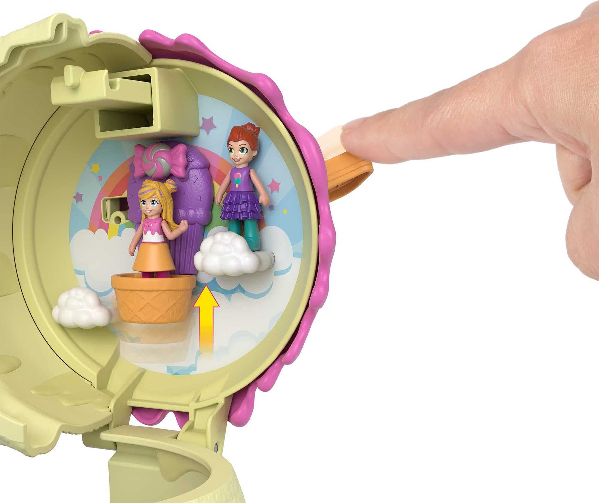Polly Pocket 2-in-1 Travel Toy Playset, Spin 'N Surprise Ice Cream Cone with Micro Polly & Lila Dolls & 25 Accessories