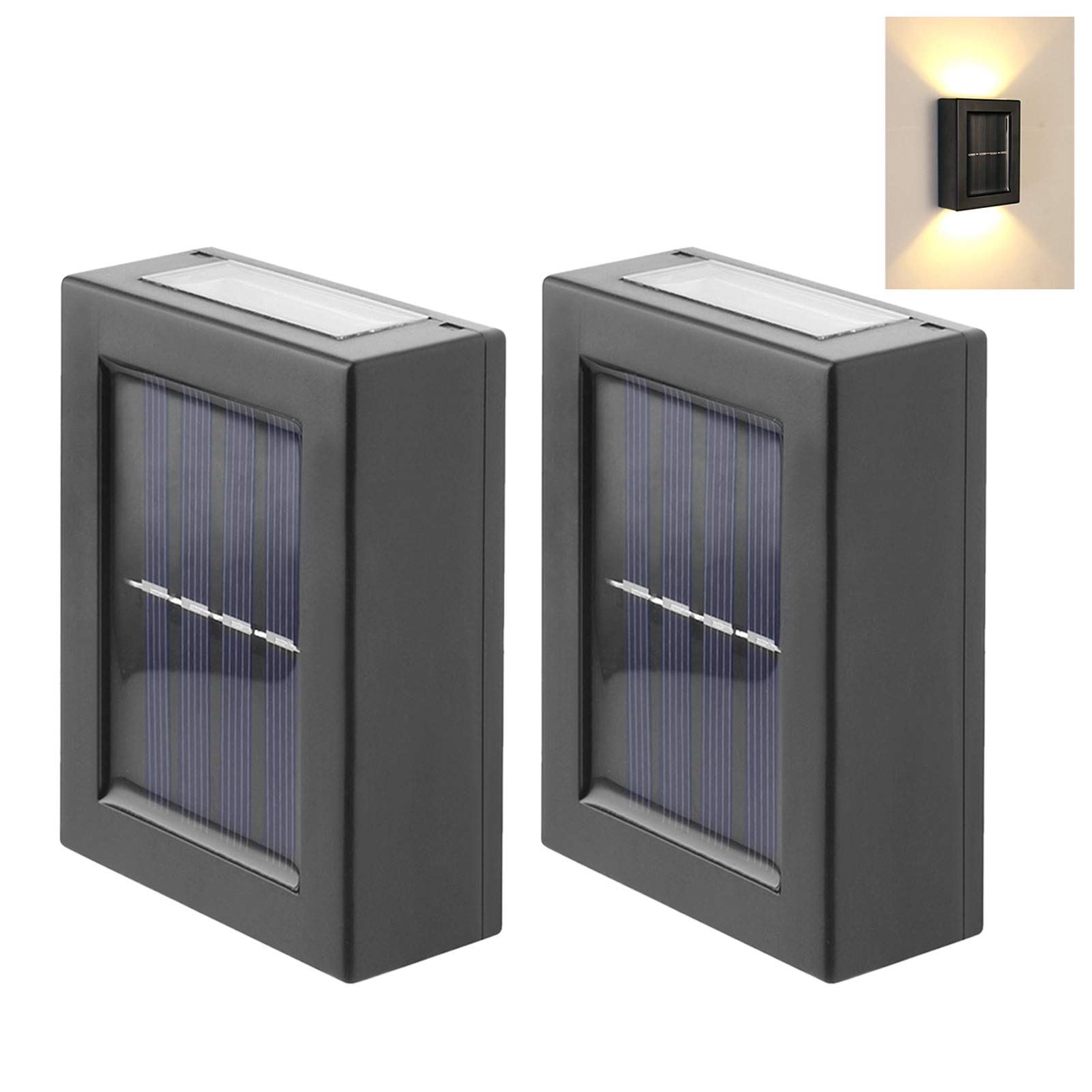 BWWNBY 2 LED Solar Wall Light UP and Down Illuminate Outdoor Sunlight Sensor Lamp Modern Nordic Style Decor for Home Garden Porch(Warm Light)