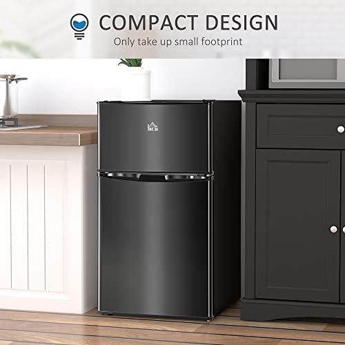 HOMCOM Double Door Mini Fridge with Freezer, 3.2 Cu.Ft Compact Refrigerator with Adjustable Shelf, Adjustable Thermostat and Reversible Door for Bedroom, Dorm, Home Office, Black