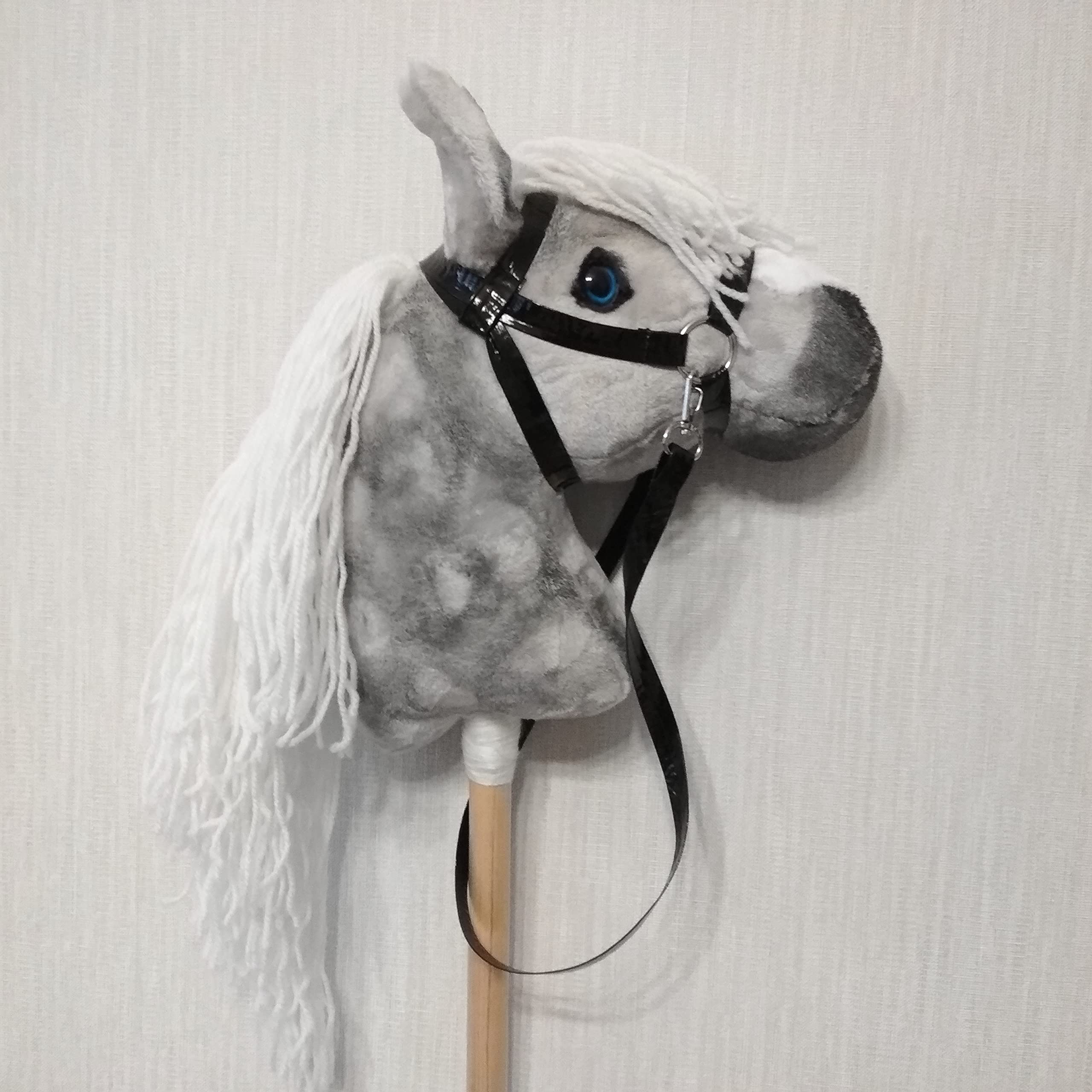 Gray stick hobby horse A4 Realistic plush handmade toy horse with bridle