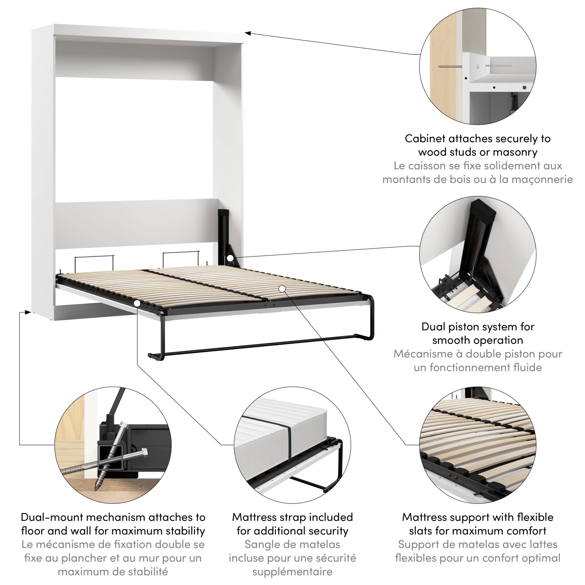 Bestar Pur 67W Queen Size Murphy Cabinet Bed with Mattress in White, Space-Saving Sleeping Arrangement for Multipurpose Bedroom, Guest Room or Home Office