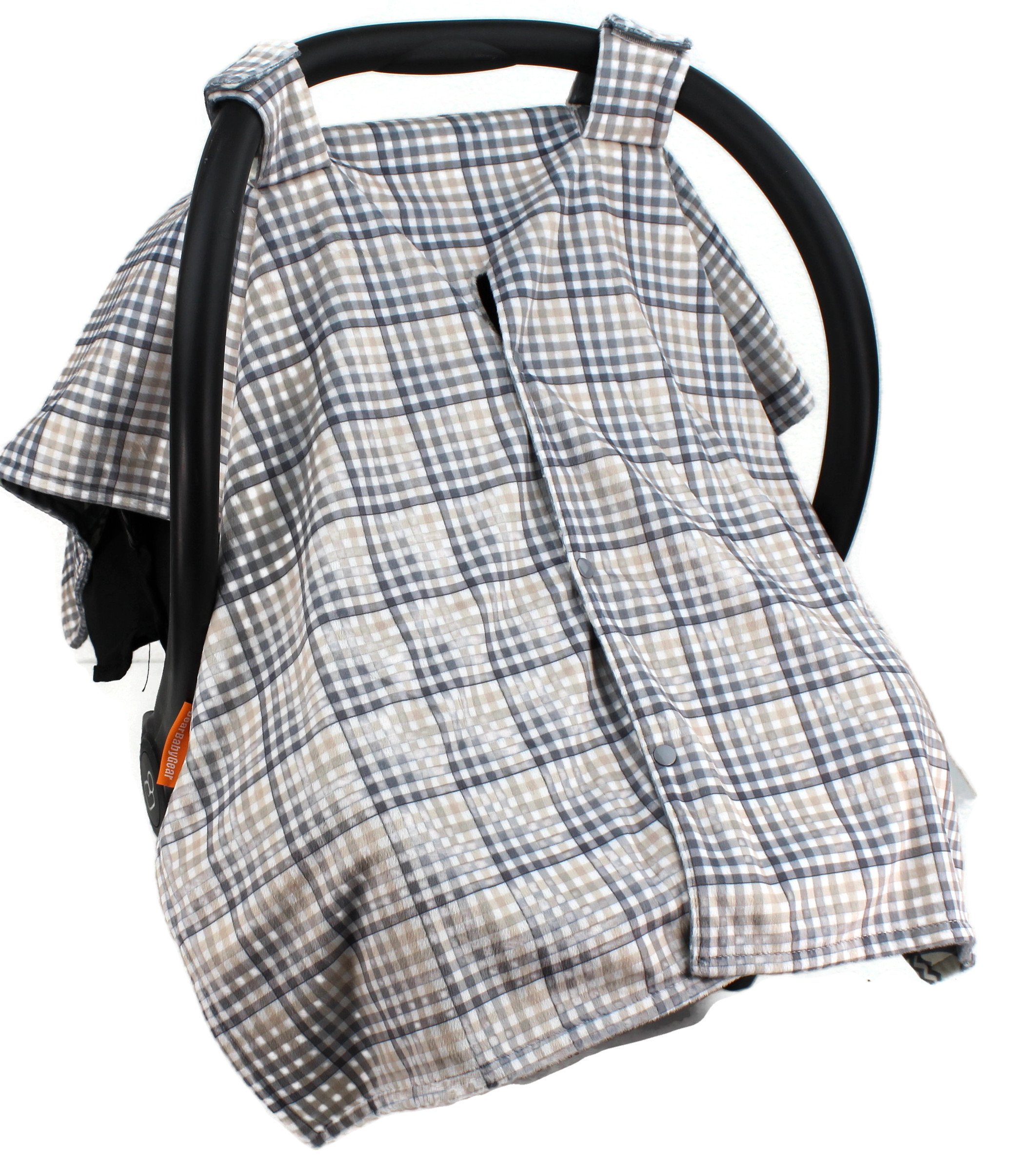 Dear Baby Gear Deluxe Reversible Car Seat Canopy, Custom Minky Print, Fish on Grey/Grey Tan Plaid