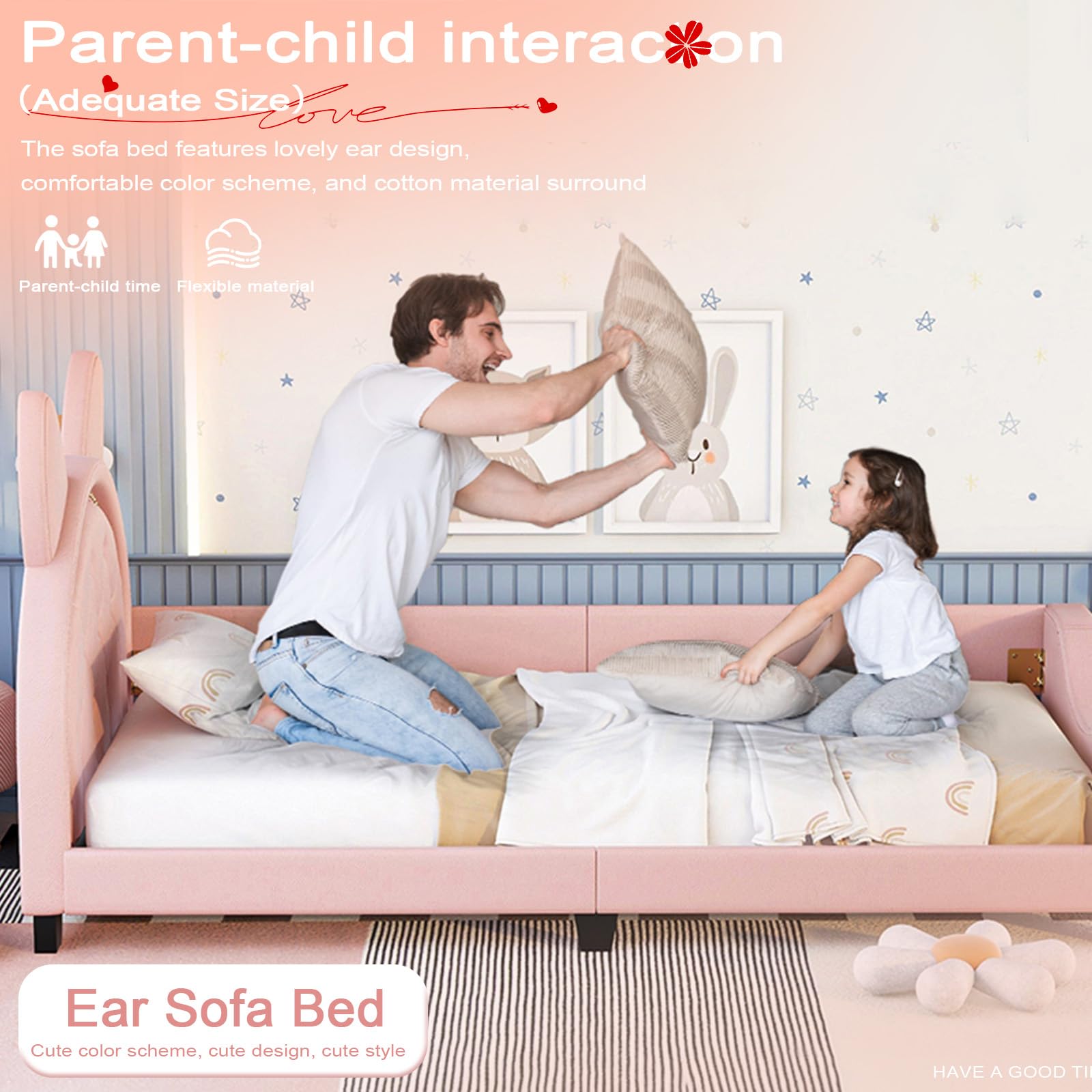 Cute Twin Size Upholstered Daybed, PU Leather Platform Bed with Carton Ears Shaped Headboard, Wooden Slat Supports Bed Frame for Kids, Girls, Boys, Child's Room, No Box Spring Needed (Pink)