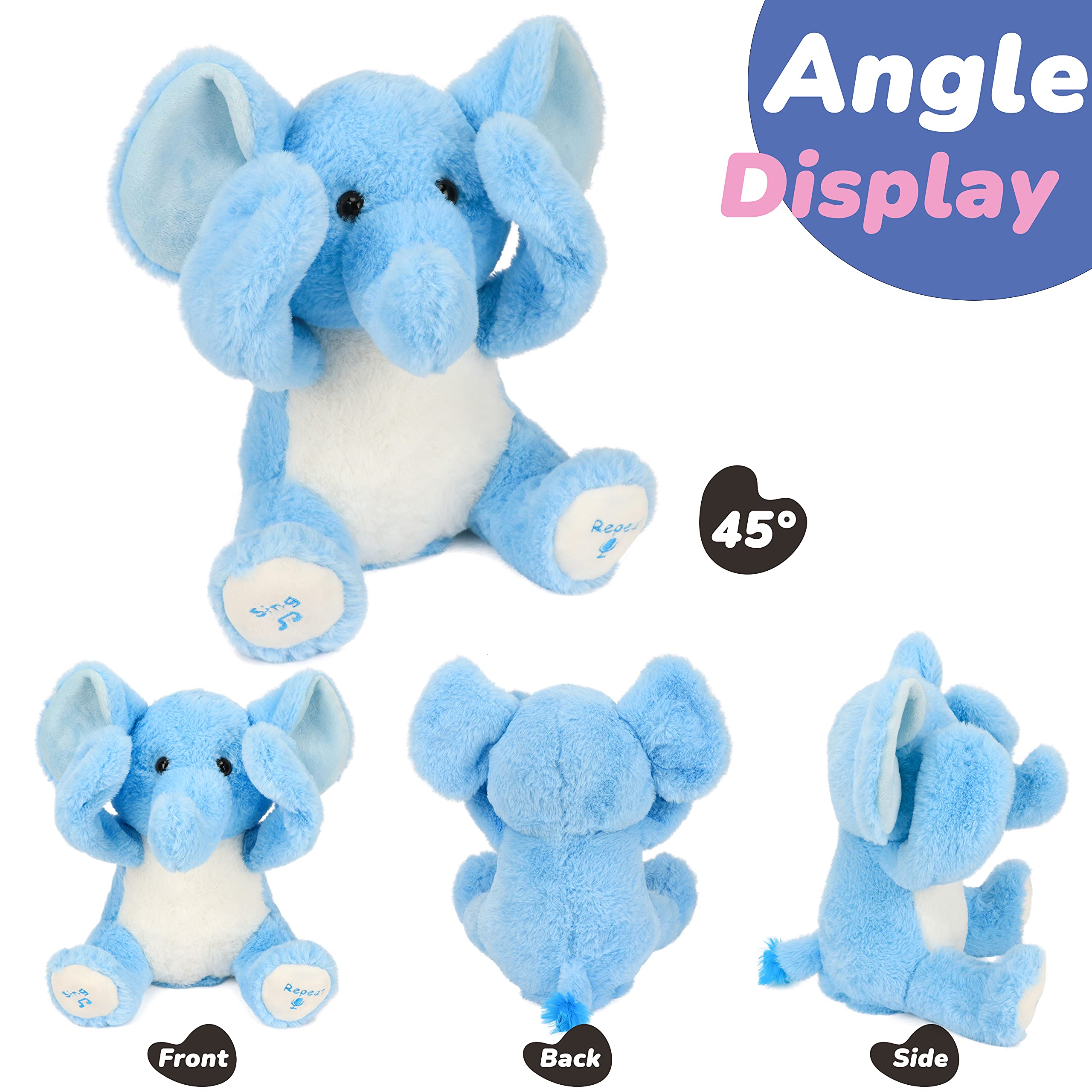Hopearl Peek A Boo Elephant Interactive Repeats What You Say Plush Elephish Toy Musical Singing Talking Stuffed Animal Adorable Electric Animate Birthday Festival, Blue, 11.5''