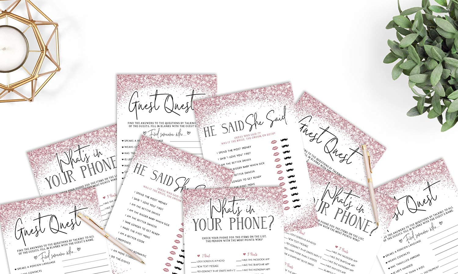Your Main Event Prints Bridal Shower Games (Set of 6 Fun Activities for 25 Guests) - Pink Glitter Theme - Printed Front and Back, One Game Per Side