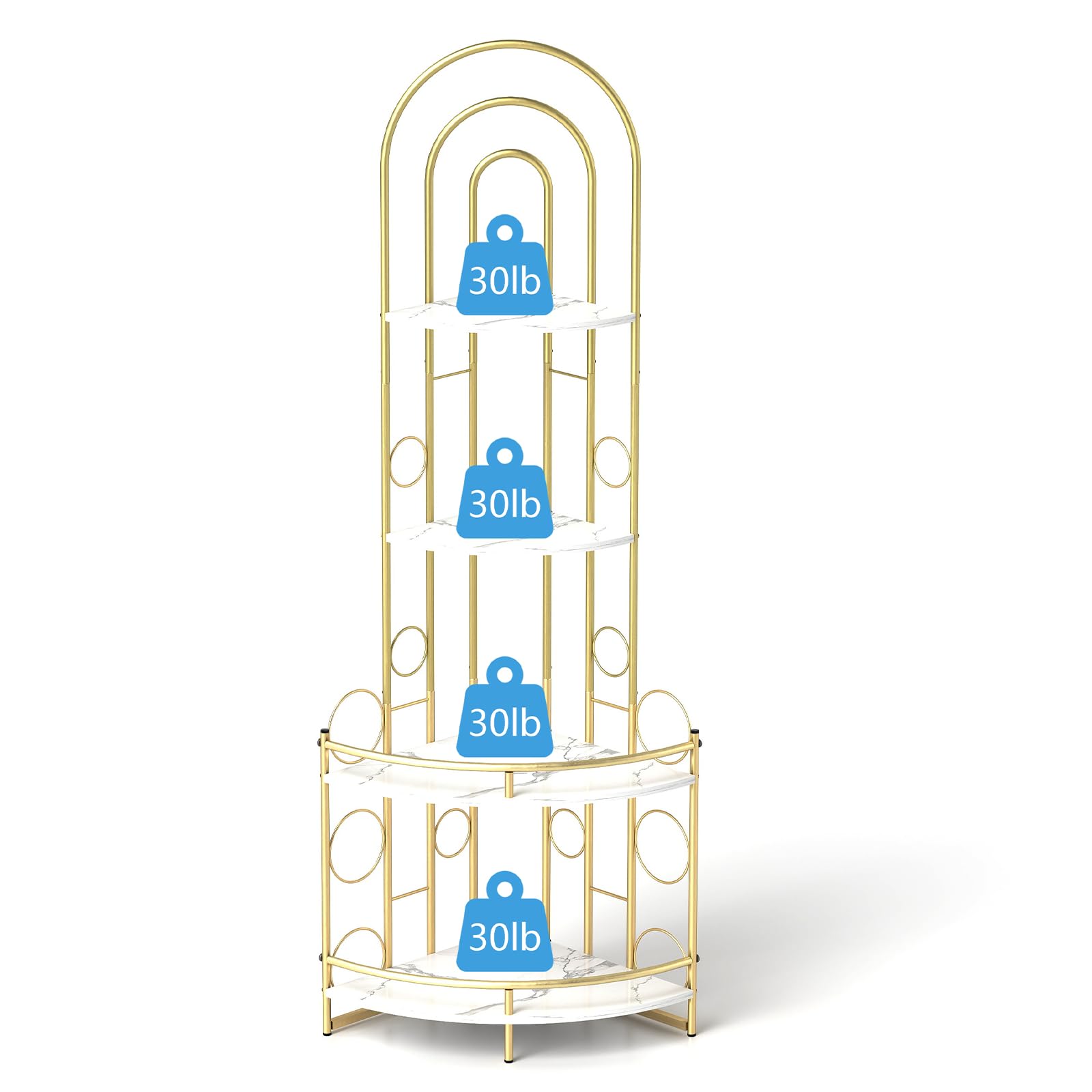 Arched Bookshelf,4 Tier Corner Shelf Stand,Open Bookshelf,Gold Bookcase for Living Room,Home Office, Study, Bedroom,Bathroom Modern Style(White + Gold)