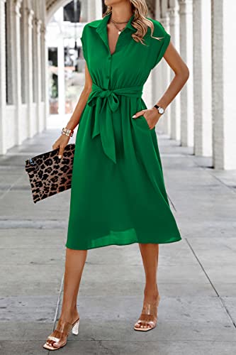 ECOWISH Womens Casual Midi Dresses Solid V Neck Short Sleeve Shirt Dress with Pockets for Spring Summer 2023 Green L