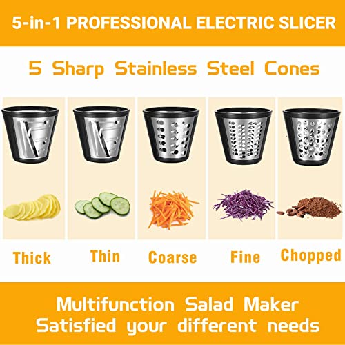 Homdox Electric Cheese Grater 5 in 1 Professional Electric Shredder Vegetable silcer 150W One-Touch Control Salad Maker for Cheese, Chocolate, Fruits, Vegetables