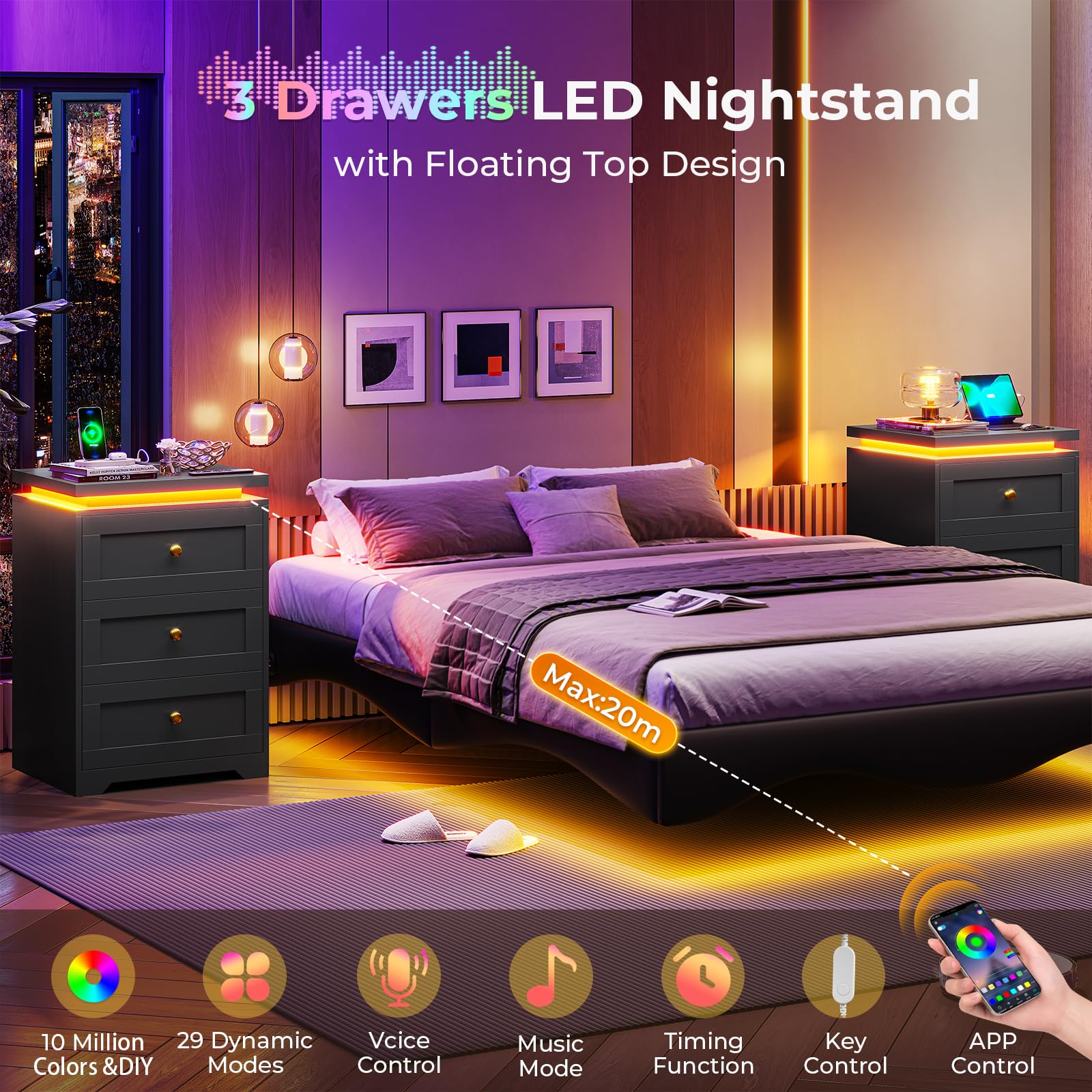 AOGLLATI Black Night Stand Set of 2, Nightstand Set 2 with Charging Station & 3 Drawers, Modern Bedside Table with LED Lights, Wooden LED End Side Tables for Bedroom, Unique Top Design