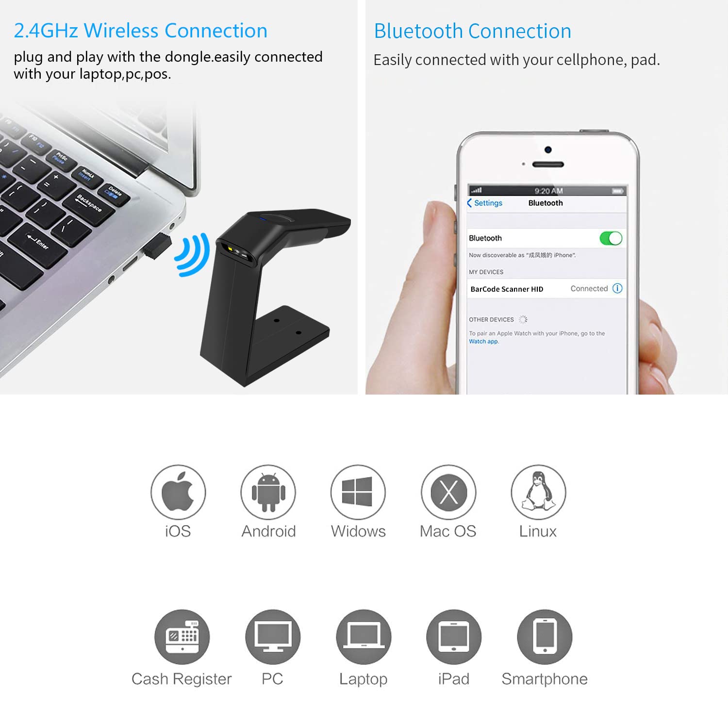 Wireless barcode scanner with stand, Compatible with Bluetooth,2.4GHz Wireless & Wired Connection all in one for Computer POS Warehouse Inventory Library