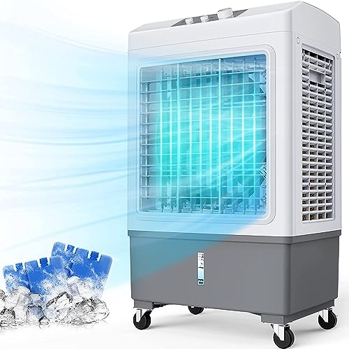 Evaporative Cooler -FANCOLE 2 IN 1 Portable Evaporative Air Cooler, 3 Speed Cooling Fan, 4 Ice Packs, 5.28Gal Large Water Tank &Scroll Casters, 35In Movable Swamp Cooler for Home Garage Commercial Use