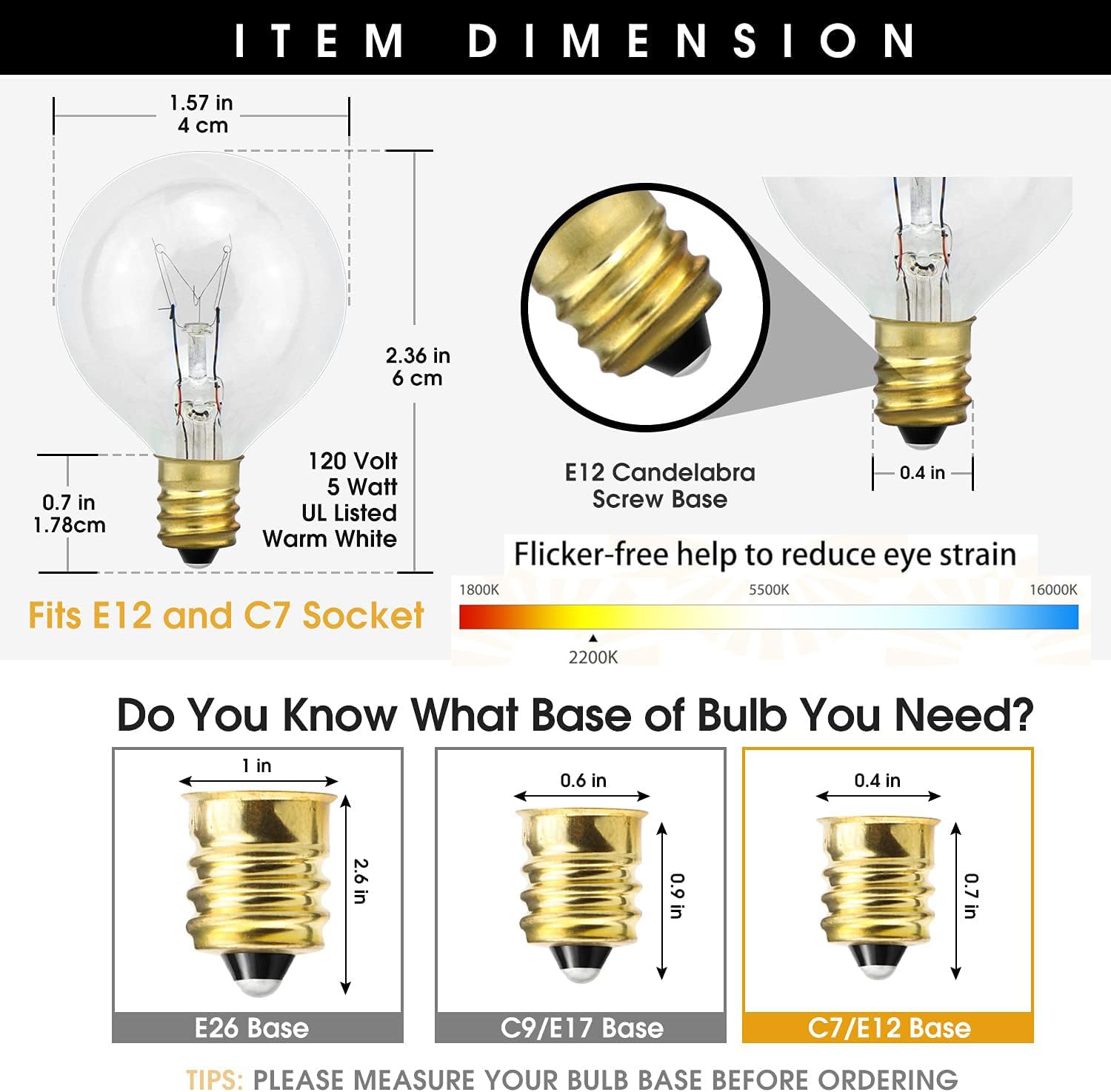 rincentd G40 Replacement Bulbs, 120V 5 Watt Clear Globe Incandescent Light Bulbs fits E12 C7 Candelabra Base, Dimmable String Light Bulbs Replacement for Indoor Outdoor Patio Decor, (25 Pack)