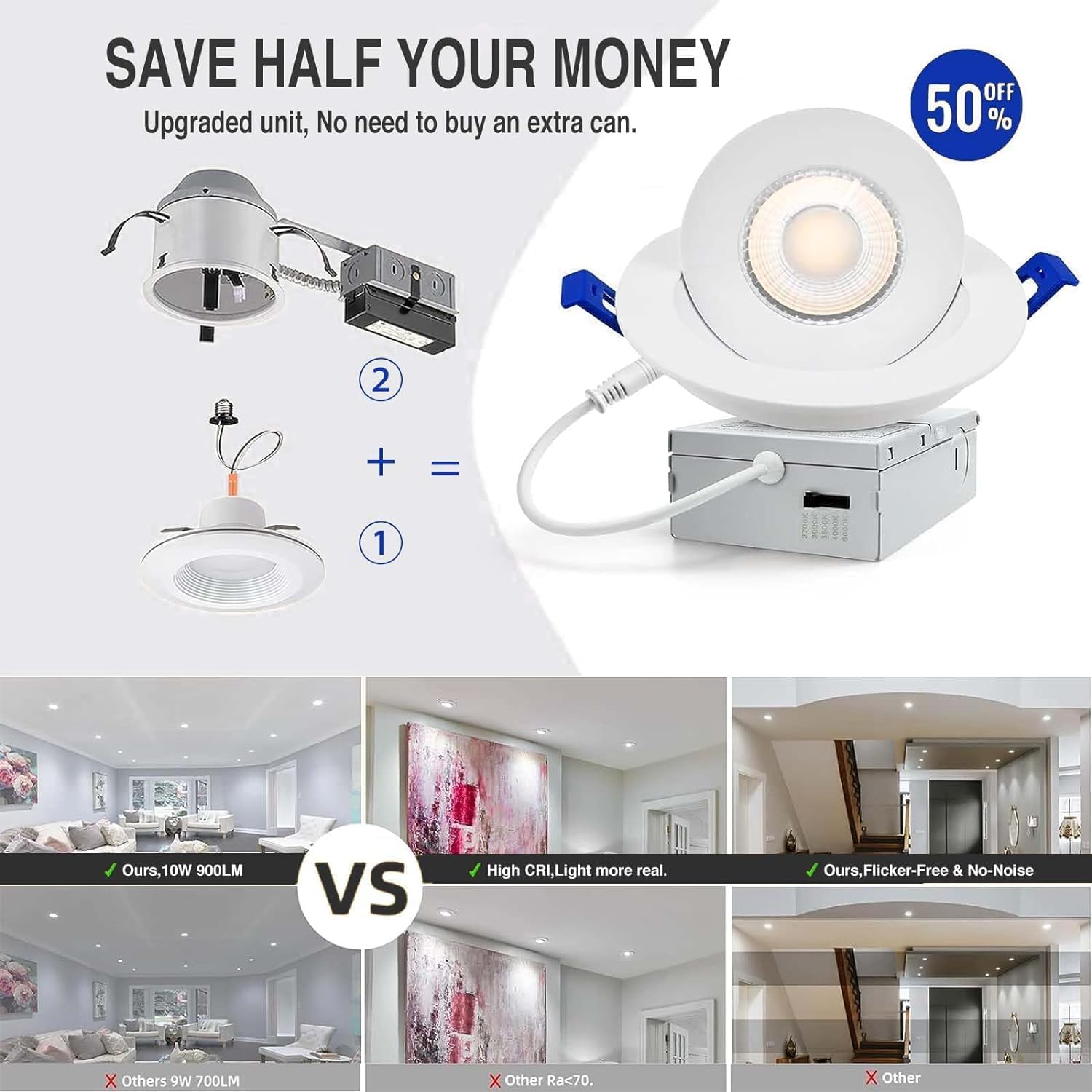 Adetu 4 Inch Gimbal Led Recessed Lights, 360°+90° Adjustable Directional Recessed Lighting, 2700K/3000K/3500K/4000K/5000K Dimmable Retrofit Eyeball Can Lights with Jbox, ETL(White, 6 Pack)