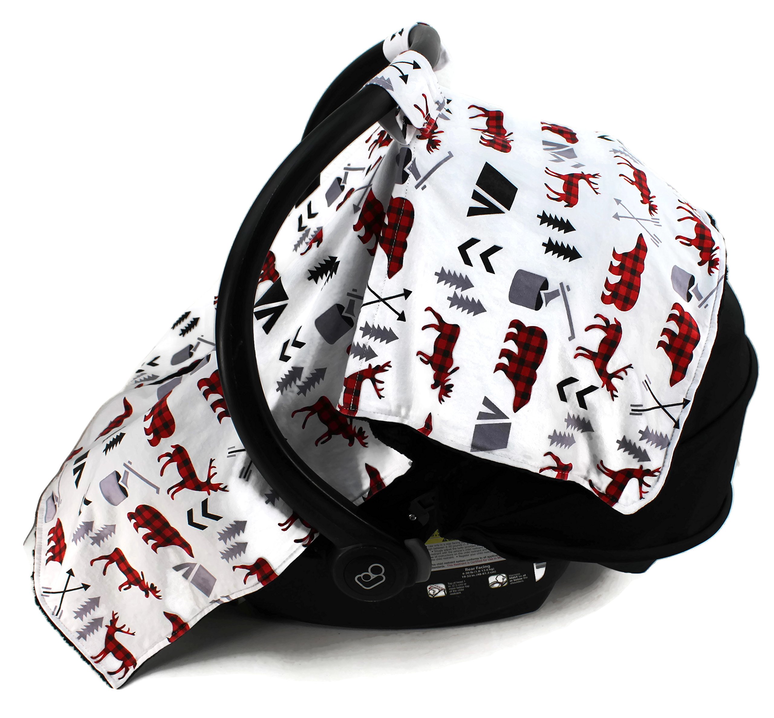 Dear Baby Gear Car Seat Canopy, Woodland Adventure Bear Moose Plaid, Minky Black