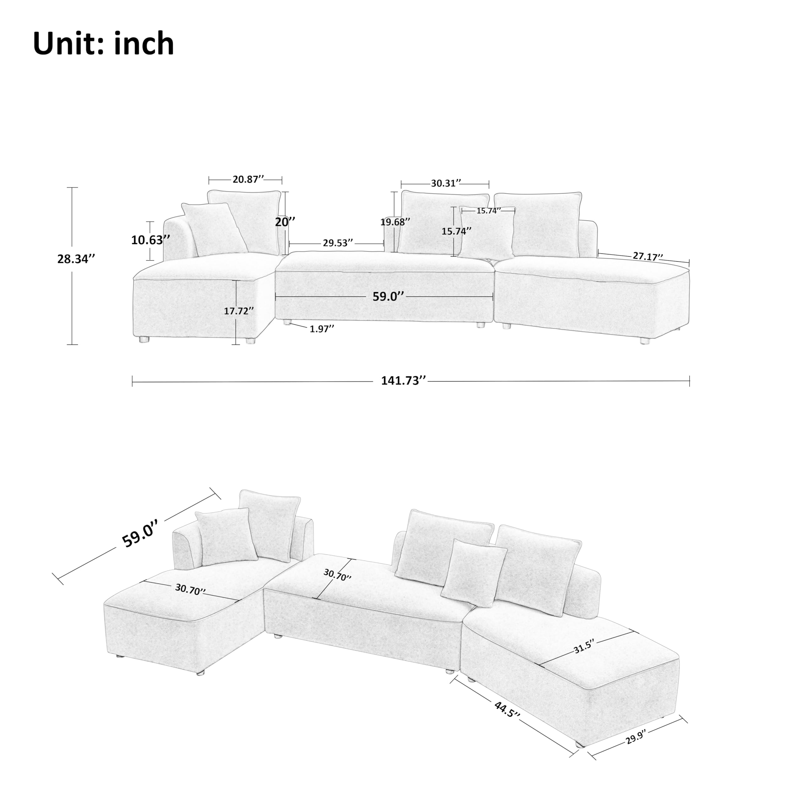 VnndeNest 141.7'' Modular Sectional Couch, Lambwool Sherpa Fabric Curved Sofa, Comfy Upholstered L-Shape Sectional Sofa with Chaise Lounge, Oversized 6 Seater Sofa for Living Room, Apartment, Orange