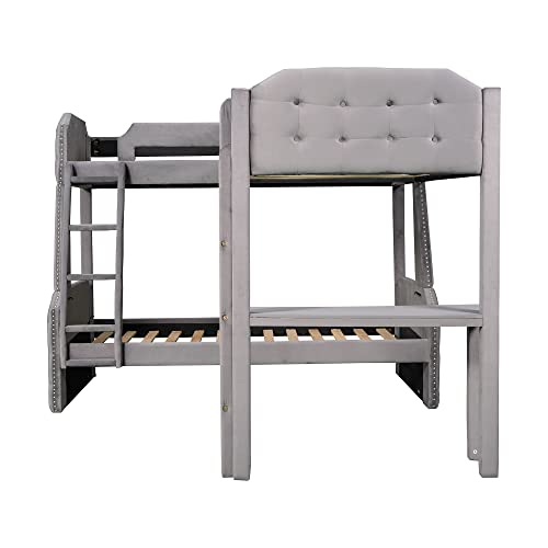 Demofit Bunk Bed and Twin Size Loft Bed and Desk, L-Shaped Twin Over Full Size Bed Frame with Ladder nd Full-Length Guardrail for Bedroom,No Boxspring Required (Grey)