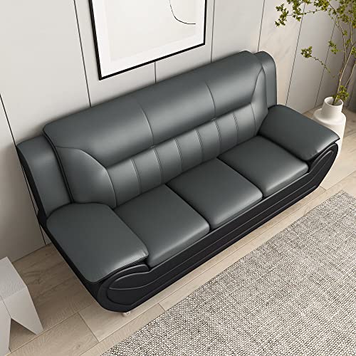 Container Furniture Direct Modern Style Faux Leather Sofa with Extra Comfortable Pillow Top Armrests Ideal for Living Room, Bedroom or Home Office Couch, 79.2ββ Wide, Grey/Black