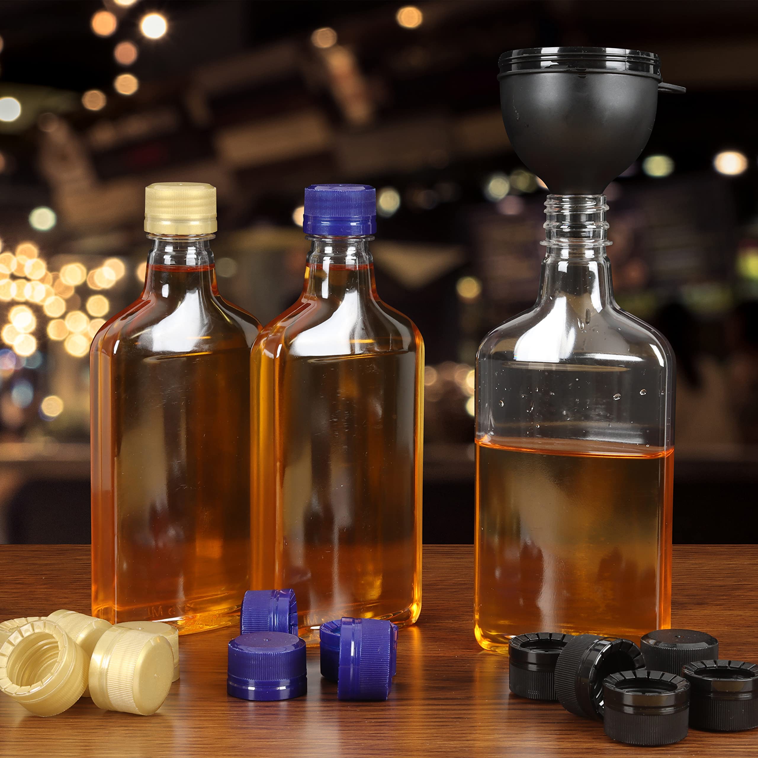 PELLAH GOODS 375 ml (12.7 Oz.) Plastic Flask PET Clear Bottles With Tamper Evident Sealable Lids (Bulk Pack of 154) (Black Caps) for Liquor, Alcohol, Sauce, Honey, Beverage