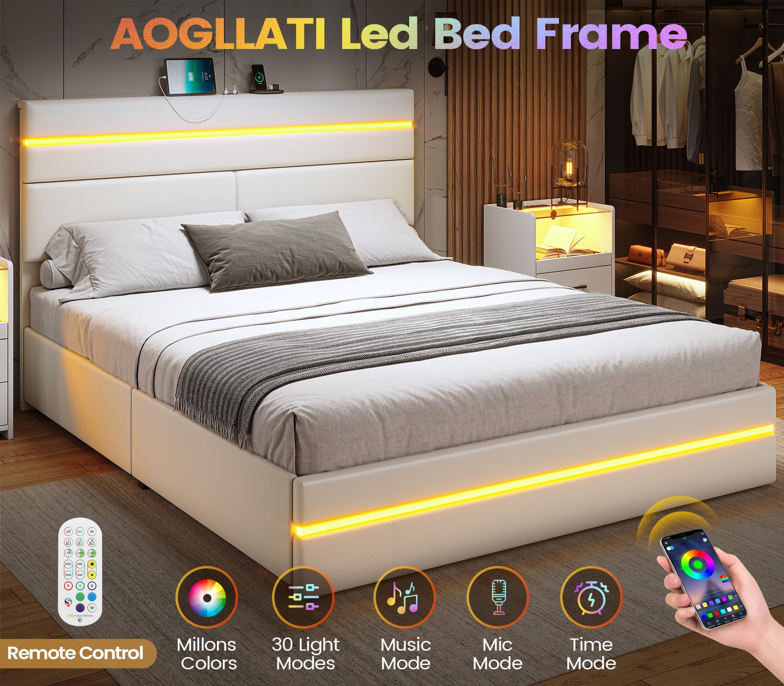 AOGLLATI Twin Bed Frames with 4 Storage Drawers & Headboard, Led Bed Frame Twin with Charging Station, Upholstered Twin Bed with Storage, No Box Spring Needed, White