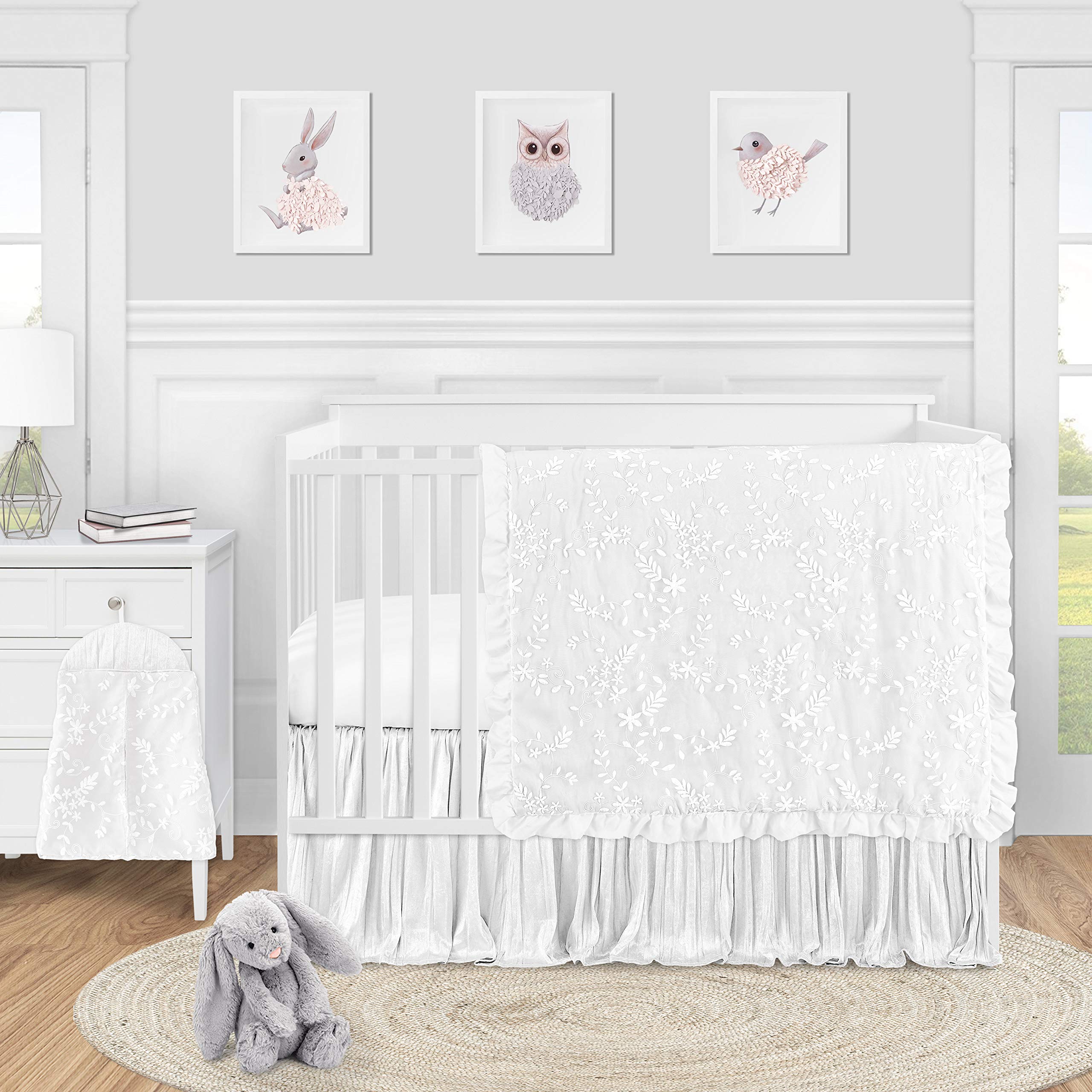 Sweet Jojo Designs White Floral Vintage Lace Baby Girl Nursery Crib Bedding Set - 4 pieces - Solid Crinkle Crushed Velvet Luxurious Elegant Princess Boho Shabby Chic Luxury Glam Flower Boutique Ruffle