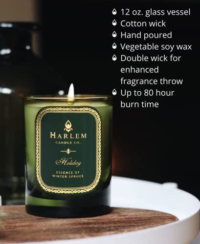 Harlem Candle Company Holiday Luxury Candle, 12 oz Green Glass Jar, Double Wick, Soy Wax, Gift Box, Winter-Fresh Fir, Pine Needles and Mint-Infused Eucalyptus